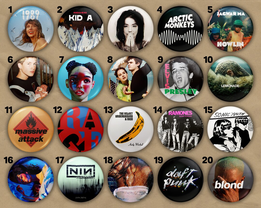 Music Album Cover Badges & Magnets: Indie, Pop, Rock Band Pins - 5 ...