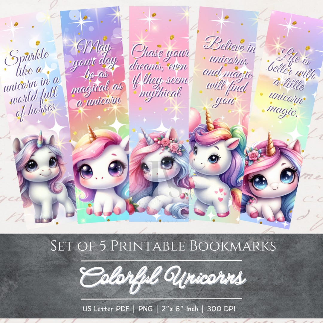 Unicorn Bookmarks Printable | Cute 2x6 Inch PNG Designs | Kids Reading ...