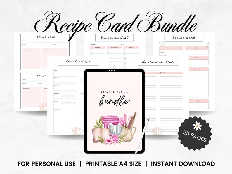 Printable Recipe Card Bundle, Food Planner, Cookbook Journal, Recipe ...