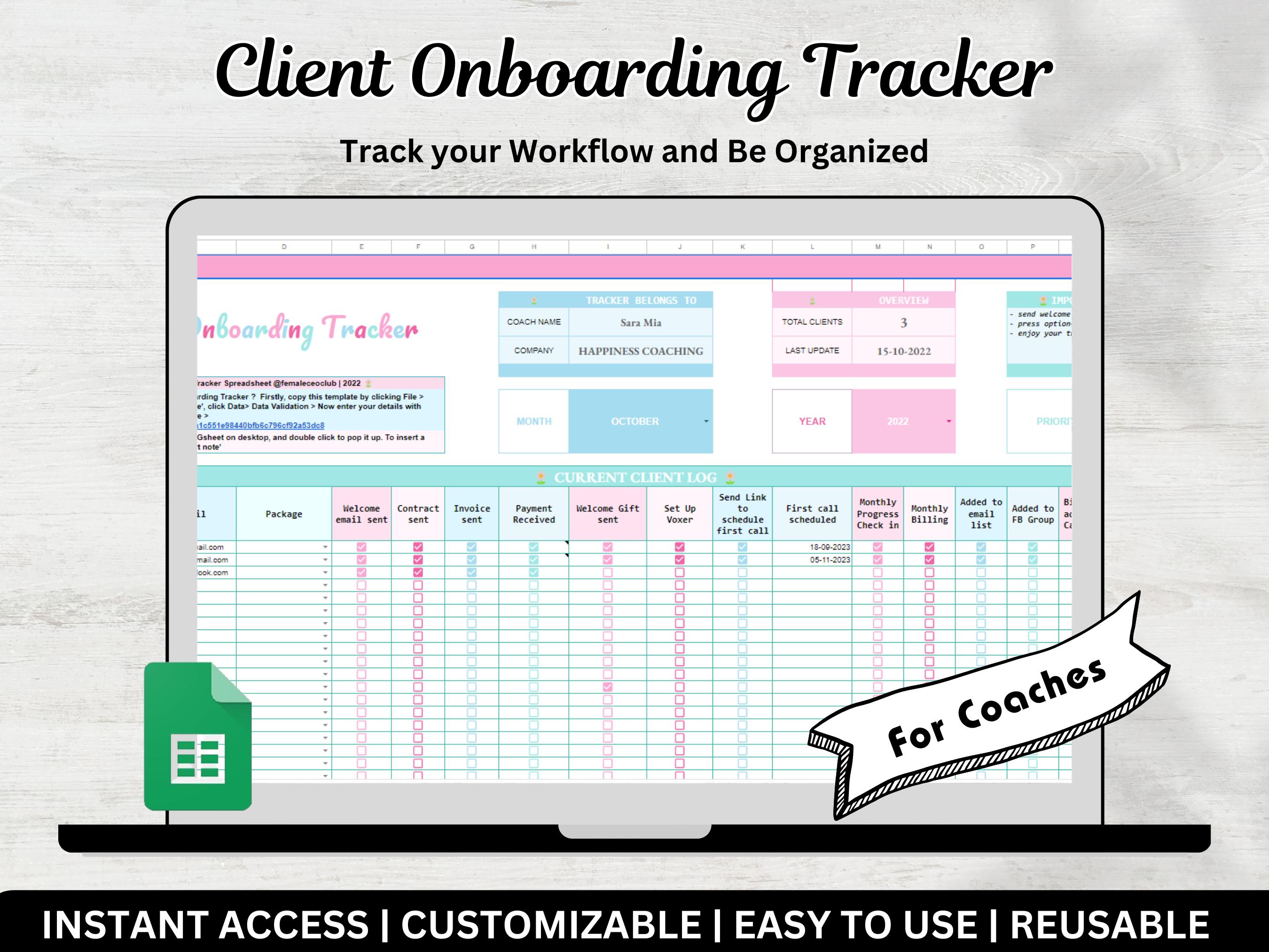 Client Onboarding Tracker Spreadsheet for Coaches, Customer List, CRM ...