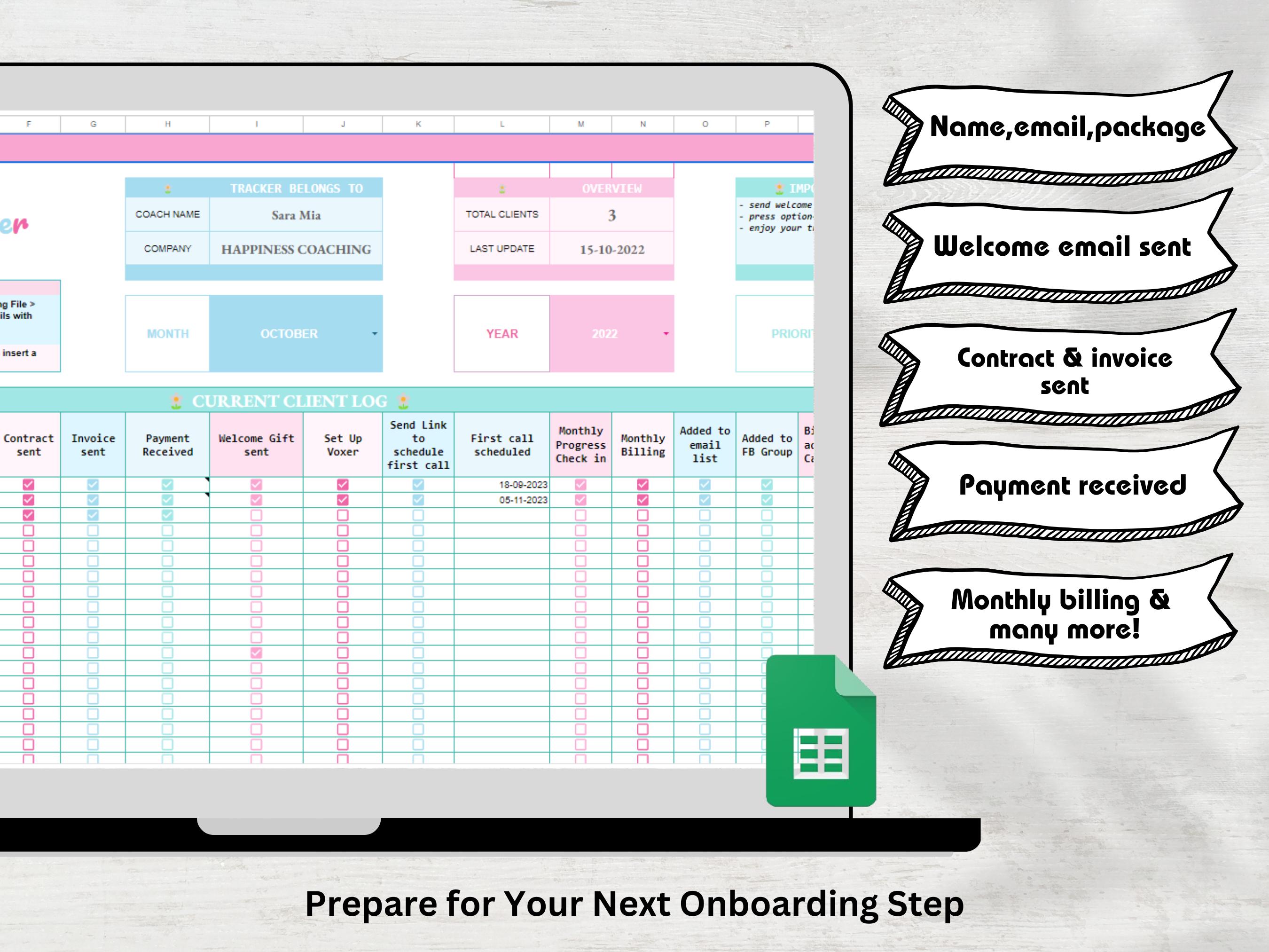 Client Onboarding Tracker Spreadsheet for Coaches, Customer List, CRM ...