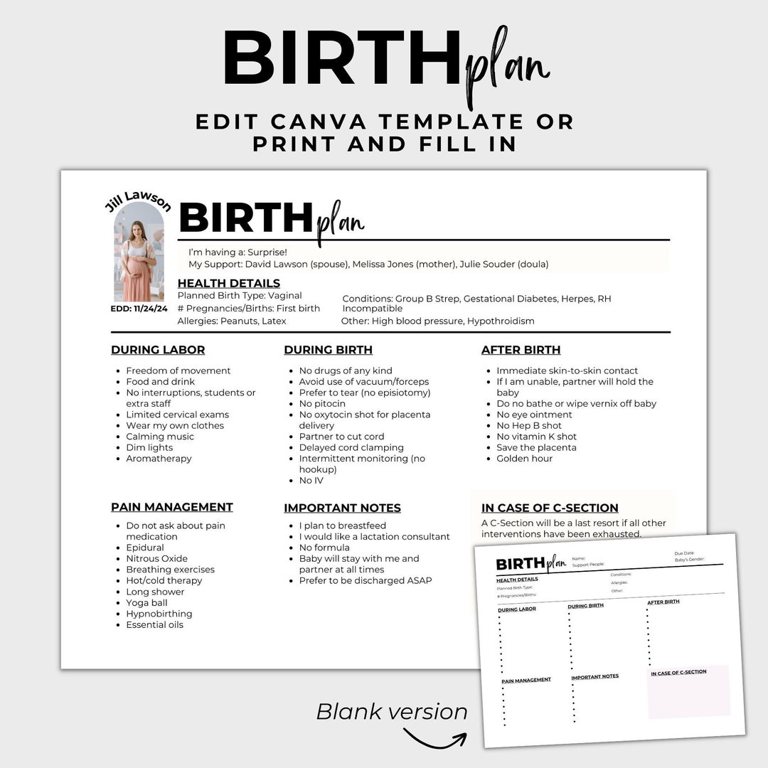 Birth Plan Template Editable Printable PDF Birthing Plan Canva Template ...