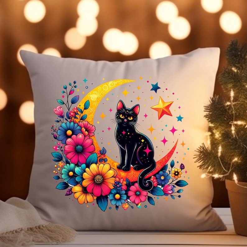 6 PNG Cute Cat and Moon, Magic Cat Png, Moon Cat Png, Boho Png, Magic ...