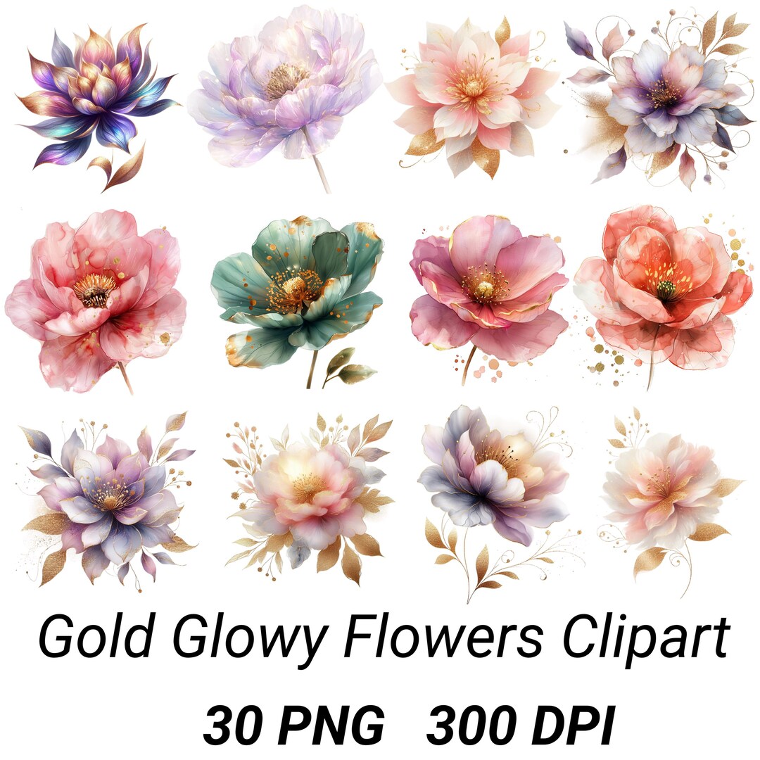 30 Watercolor Abstract Flowers Clipart Bundle, Pink Gold Flower Png ...