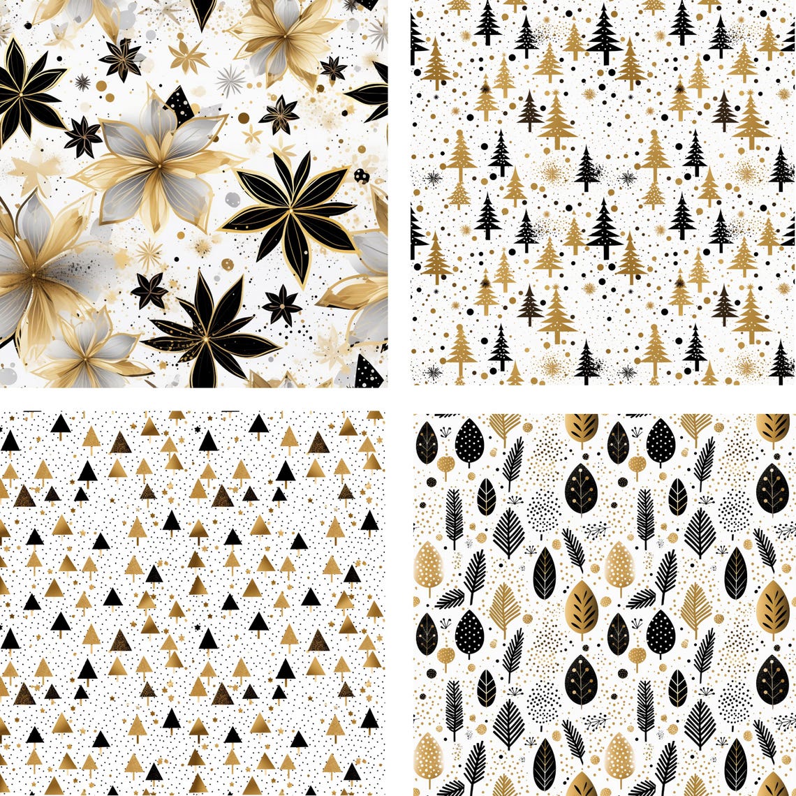 Christmas Digital Paper, Christmas White Black Gold Patterns, Christmas ...