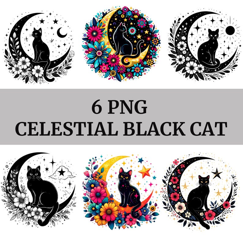 6 PNG Cute Cat and Moon, Magic Cat Png, Moon Cat Png, Boho Png, Magic ...