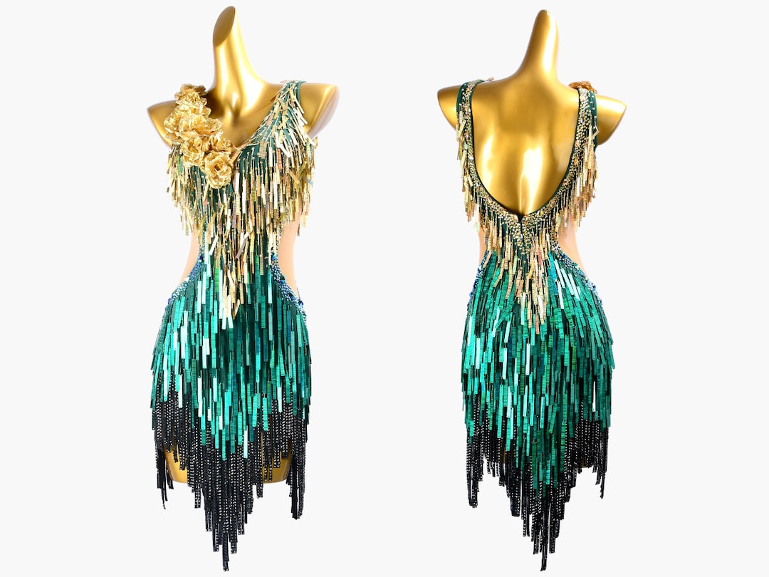 Dark Green Latin Dress With Beaded Tubes, Fringes, Sequins, Stoned ...