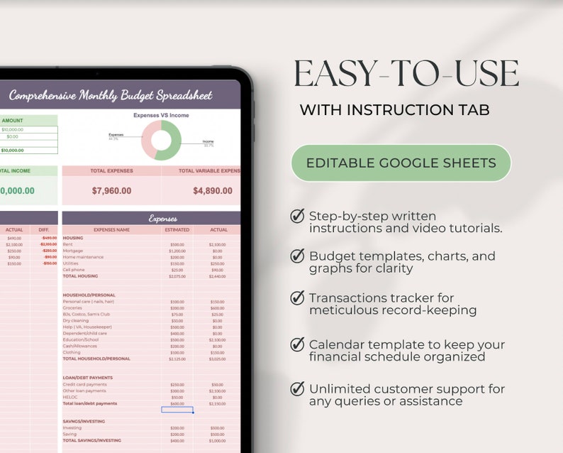 Comprehensive Budget Sheet and Tracker for Google Sheets, Monthly ...