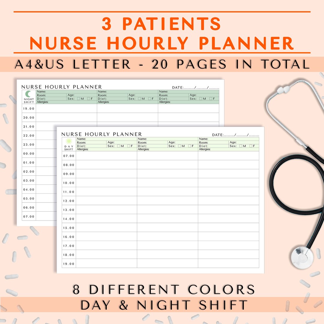 3 Patients Nurse Hourly Planner, Day-night Shift, Nurse Shift Plan ...