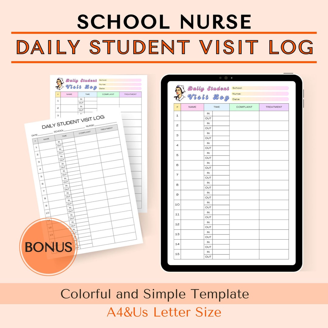 School Nurse Student Visit Log, Health Officer, Student Tracker, Student Nurse Visit, Nurse ...