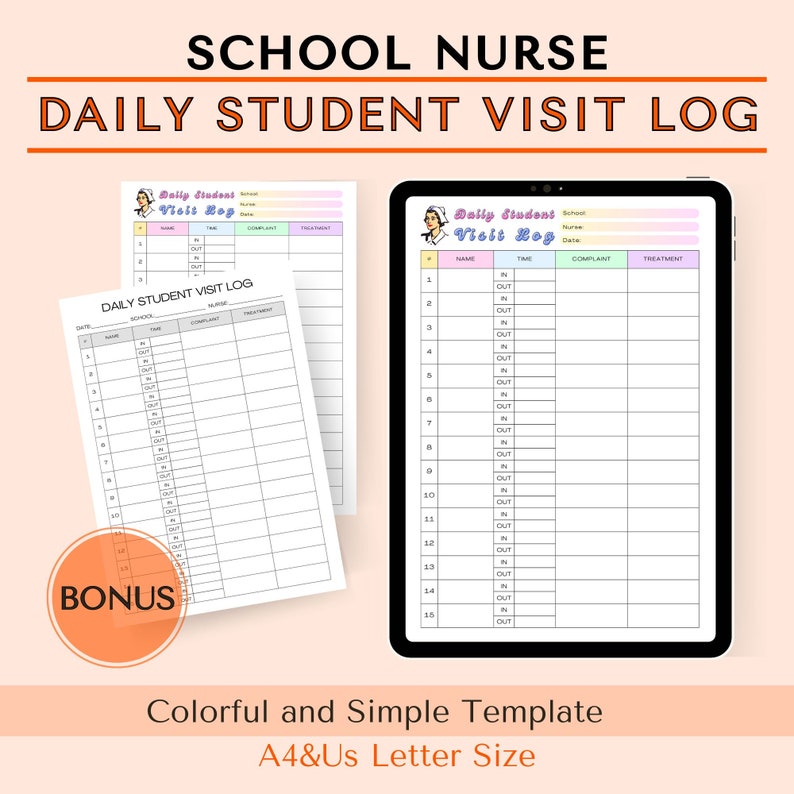 School Nurse Student Visit Log, Health Officer, Student Tracker ...