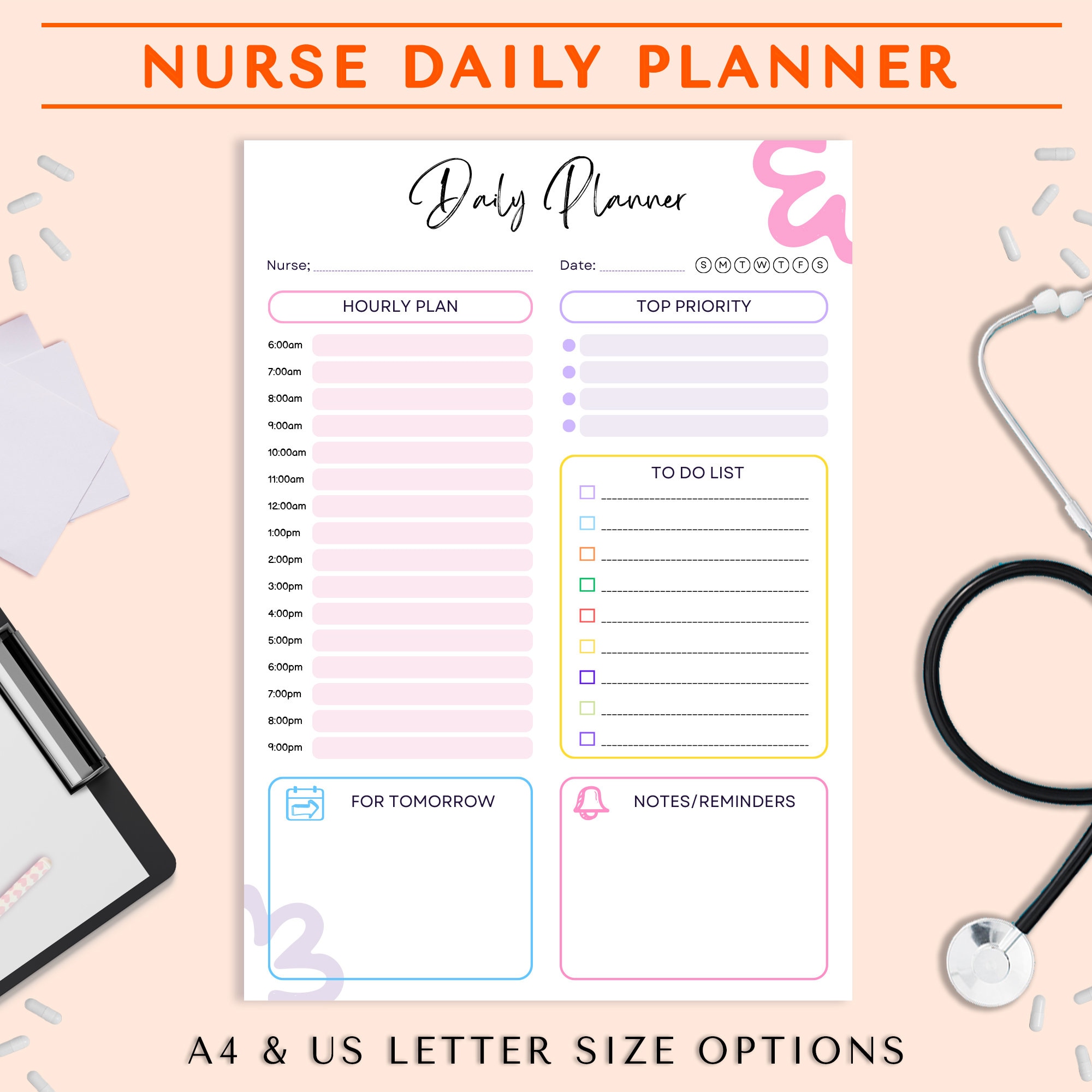 Printable Nurse Daily Planner, Nurse to Do List Paper, Nurse Notes ...