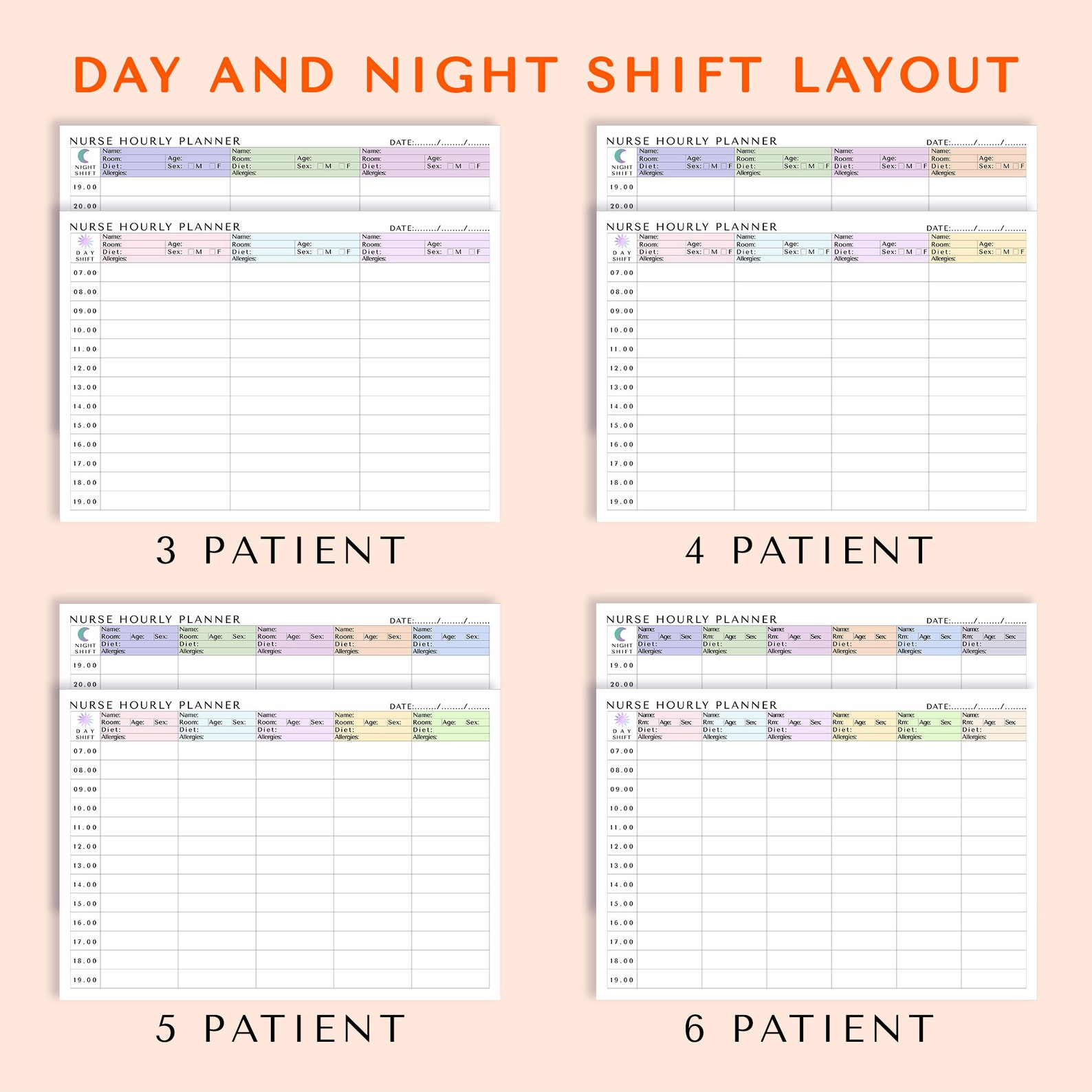 3-4-5-6 Patient Hourly Nurse Shift Planner Bundle, Multiple Patient Log ...