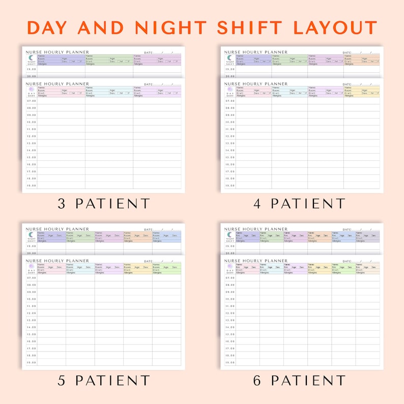 3-4-5-6 Patient Hourly Nurse Shift Planner Bundle, Multiple Patient Log ...