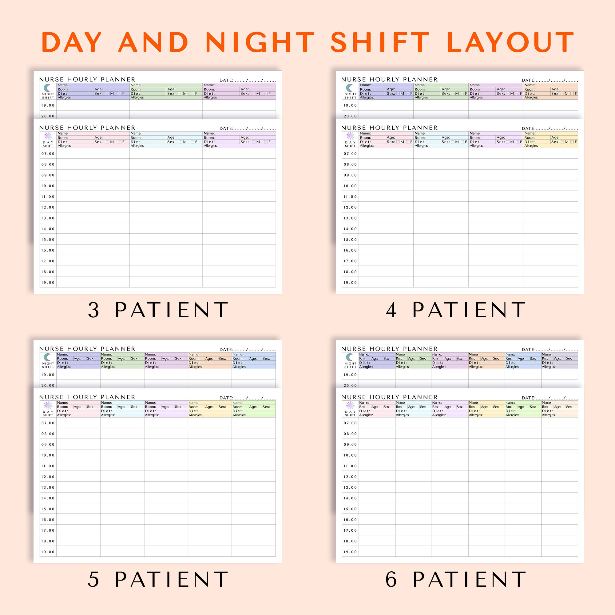 3-4-5-6 Patient Hourly Nurse Shift Planner Bundle, Multiple Patient Log ...