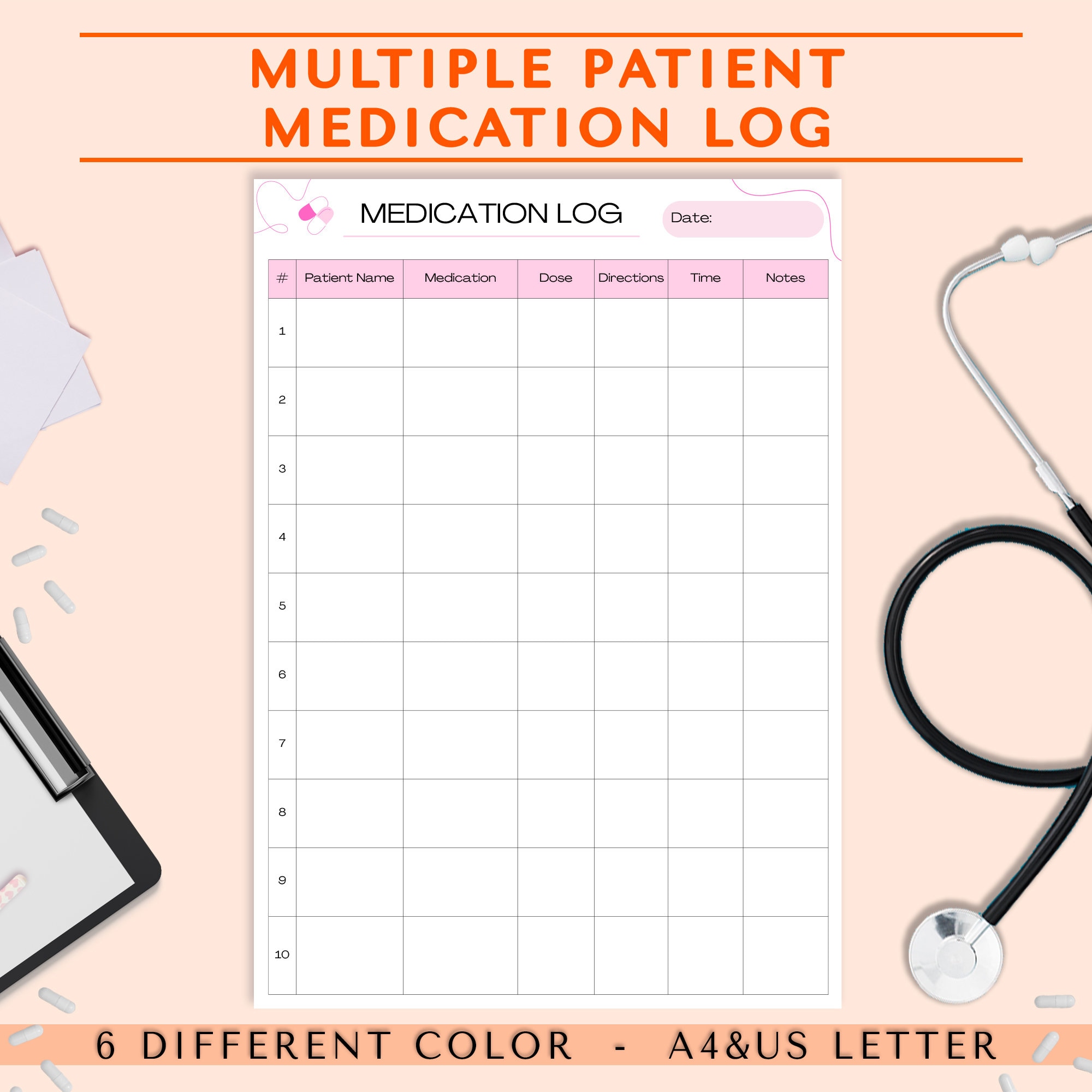 Multiple Patient Medication Log, Printable Medication Tracker, Nursing Medication Chart, Med ...