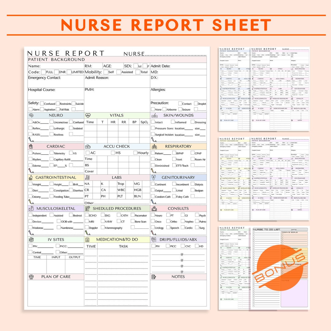 Single Patient Nurse Report Sheet, Printable Nurse Report Paper, Nurse ...