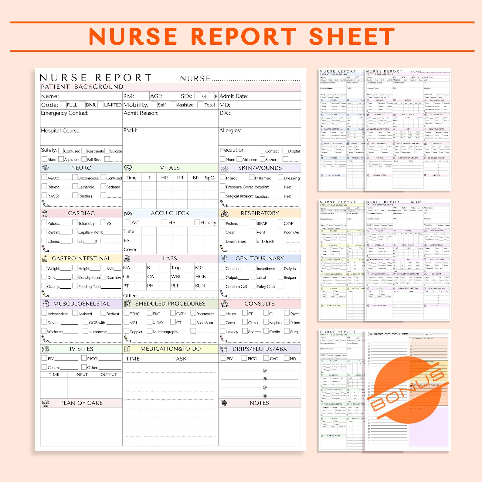 Single Patient Nurse Report Sheet, Printable Nurse Report Paper, Nurse ...