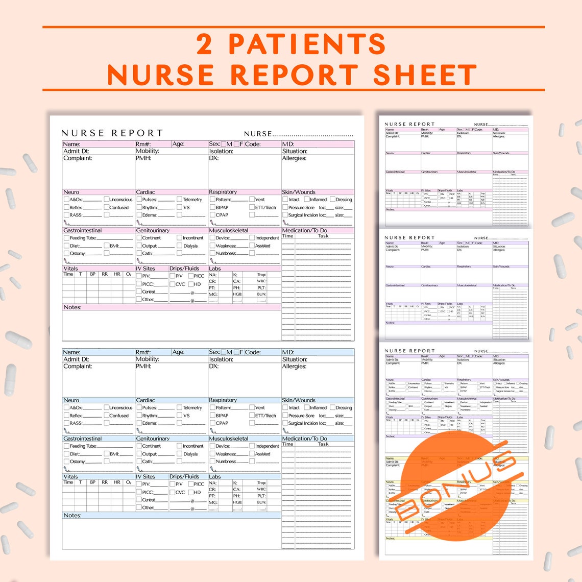 2 Patients Nurse Report Sheet, Nurse Assessment, Nurse Report, Medsurg ...