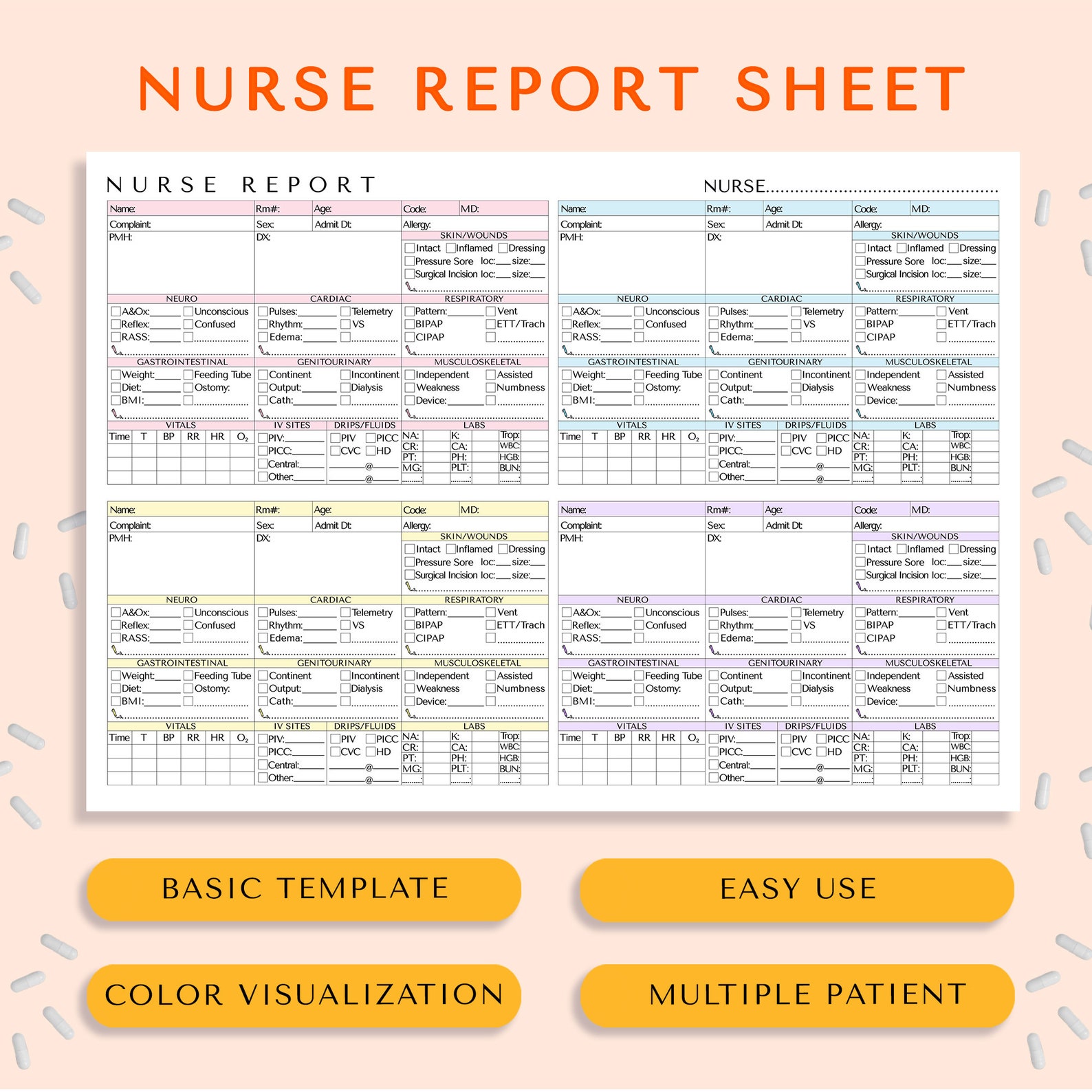 4 Patients Printable Nurse Report Paper, Nurse Brain Sheet, Nurse ...