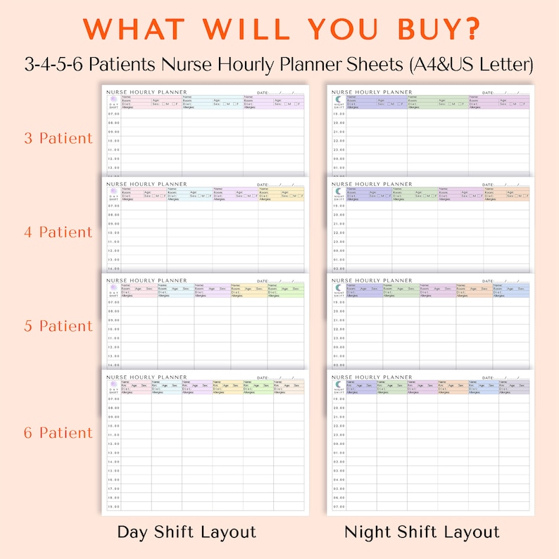 3-4-5-6 Patient Hourly Nurse Shift Planner Bundle, Multiple Patient Log ...