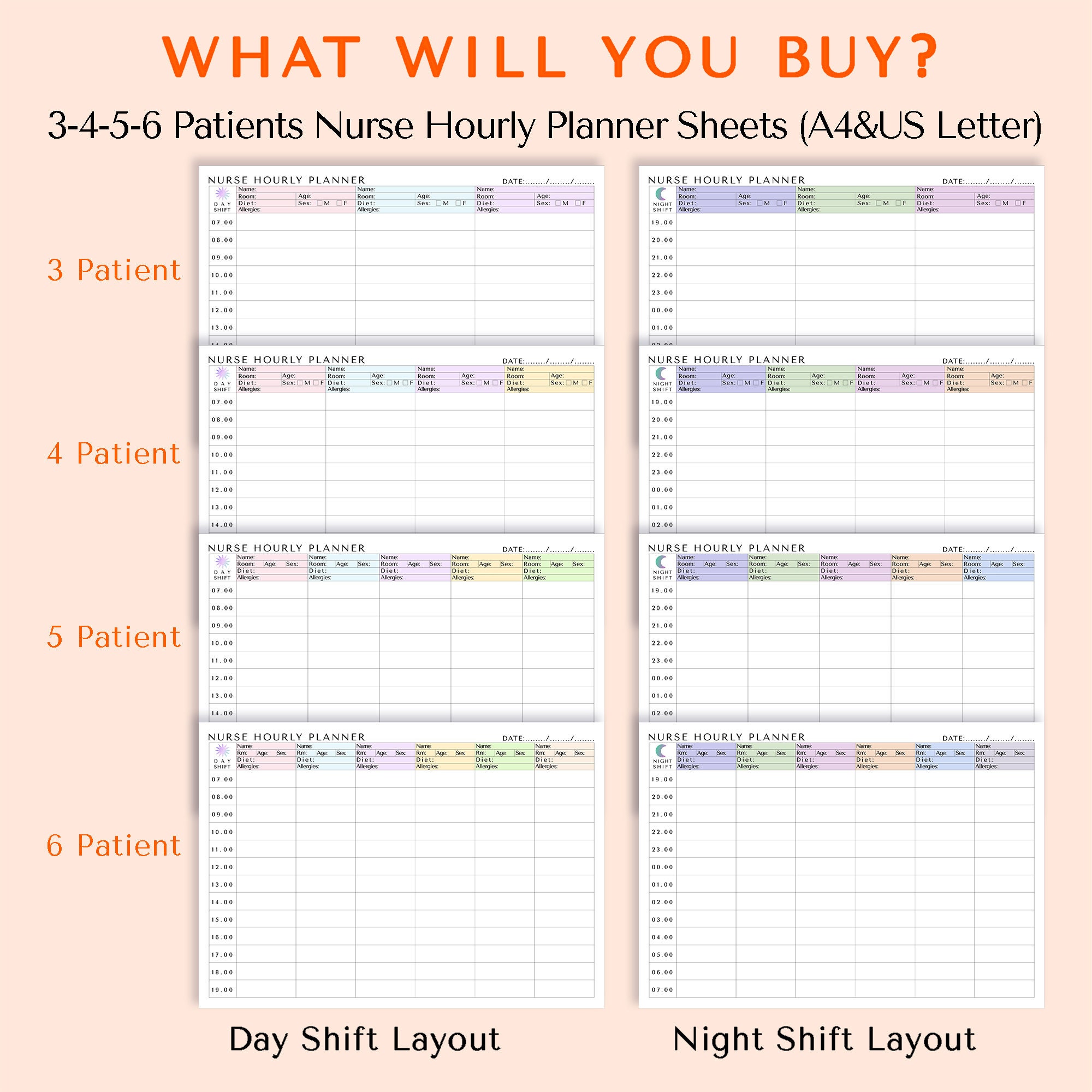 3-4-5-6 Patient Hourly Nurse Shift Planner Bundle, Multiple Patient Log ...