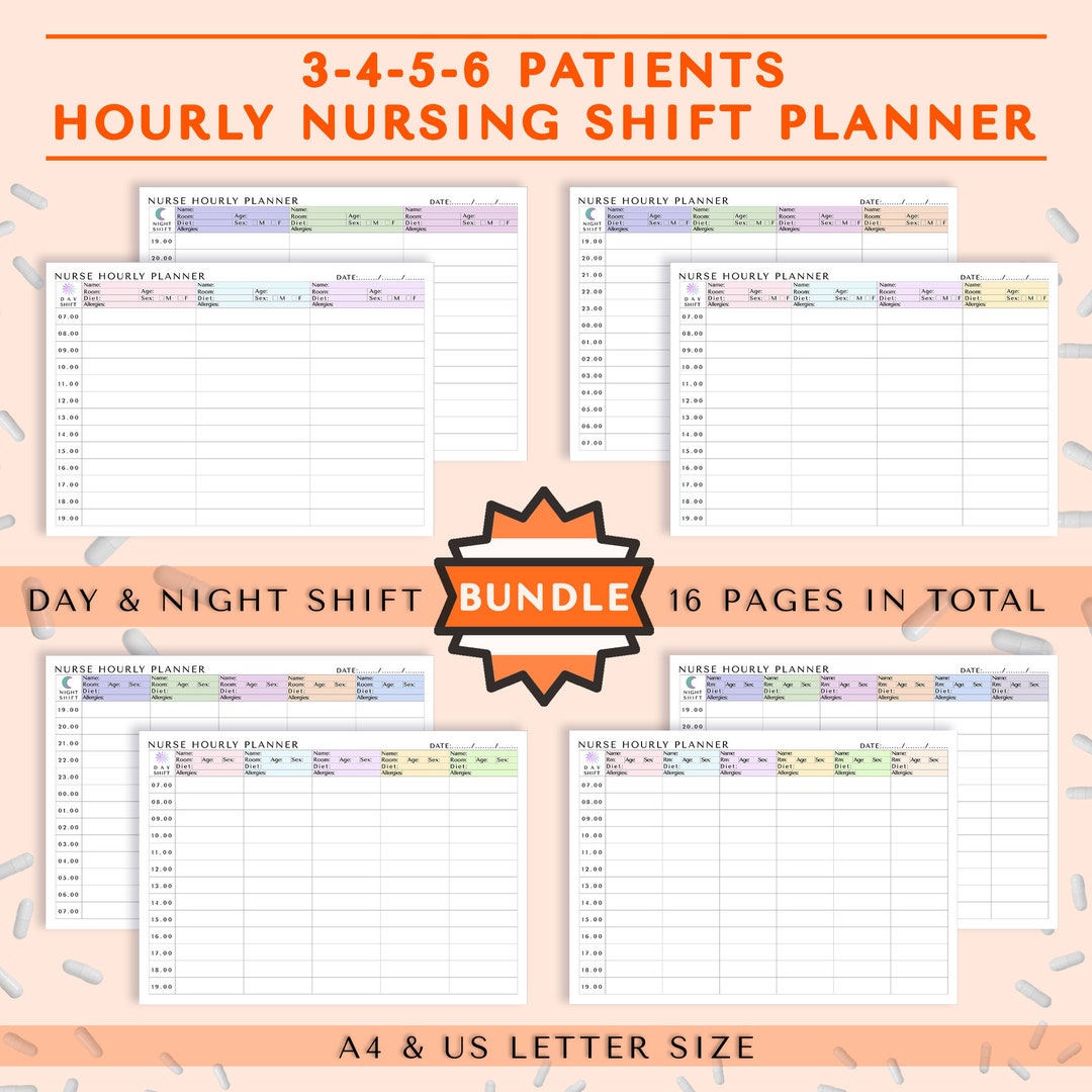 3-4-5-6 Patient Hourly Nurse Shift Planner Bundle, Multiple Patient Log ...
