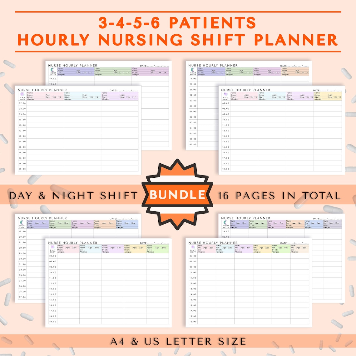 3-4-5-6 Patient Hourly Nurse Shift Planner Bundle, Multiple Patient Log ...