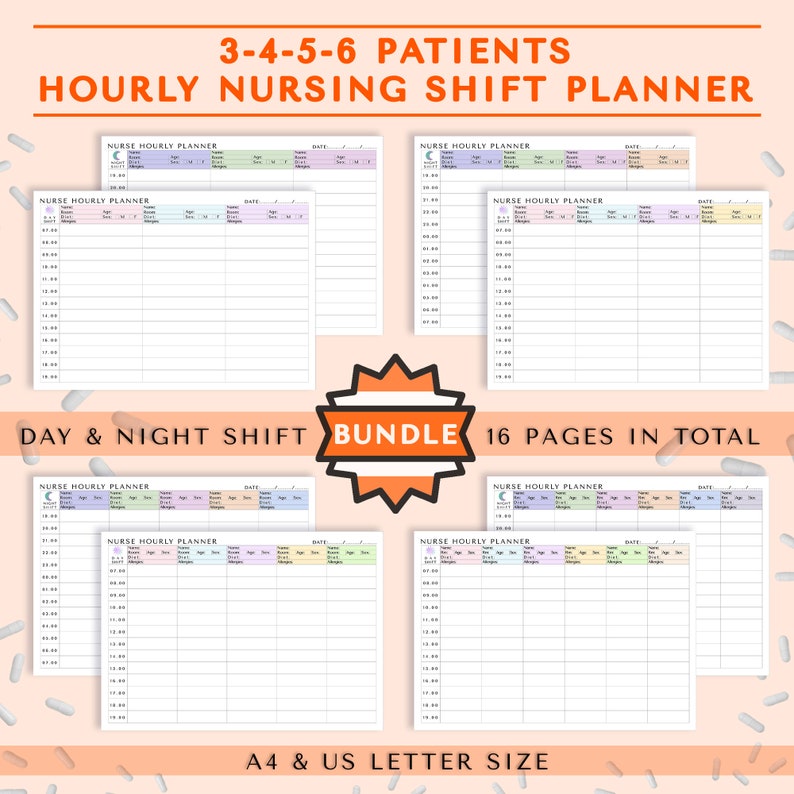 3-4-5-6 Patient Hourly Nurse Shift Planner Bundle, Multiple Patient Log ...