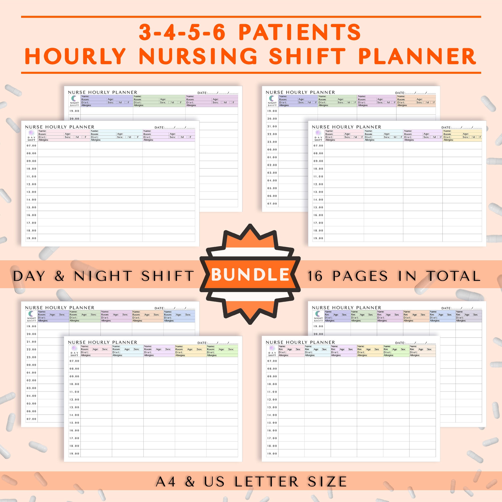 3-4-5-6 Patient Hourly Nurse Shift Planner Bundle, Multiple Patient Log ...