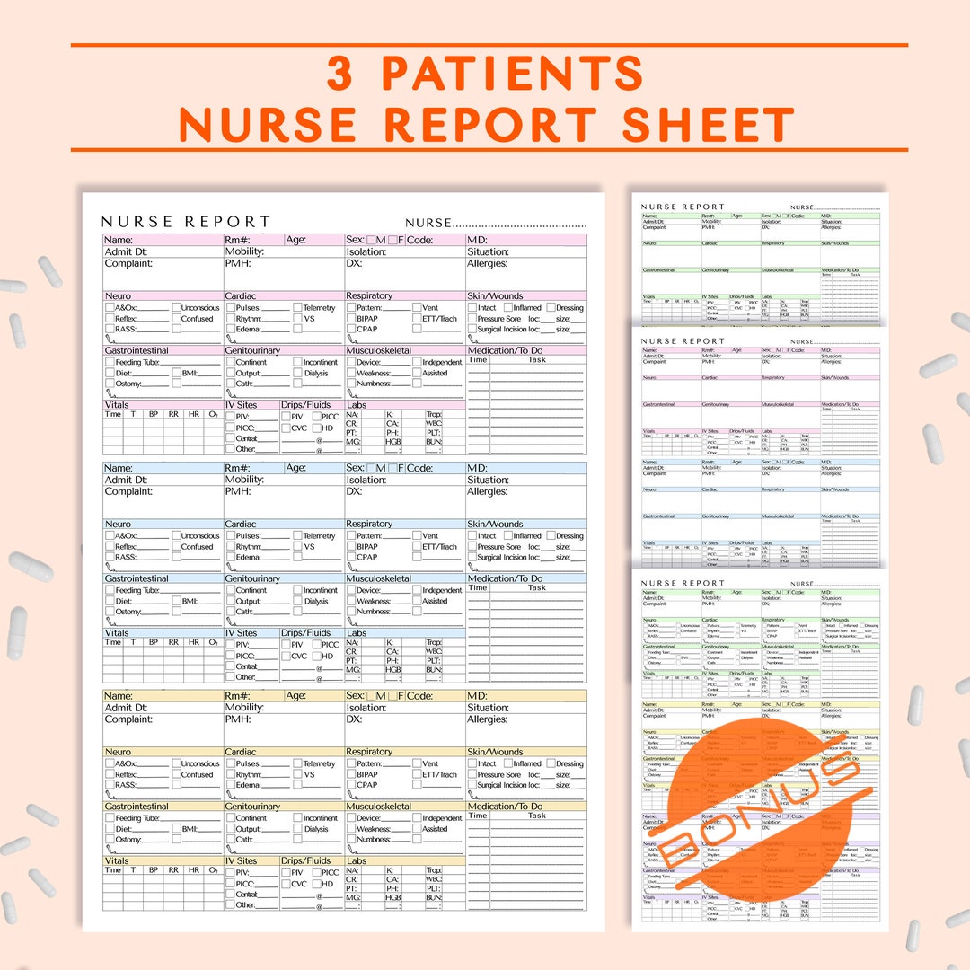 3 Patients Nurse Report Sheet, Medsurg Nurse Sheet, Printable Nurse ...