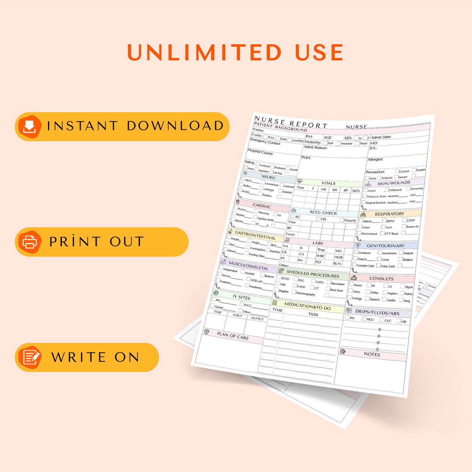 Single Patient Nurse Report Sheet, Printable Nurse Report Paper, Nurse ...
