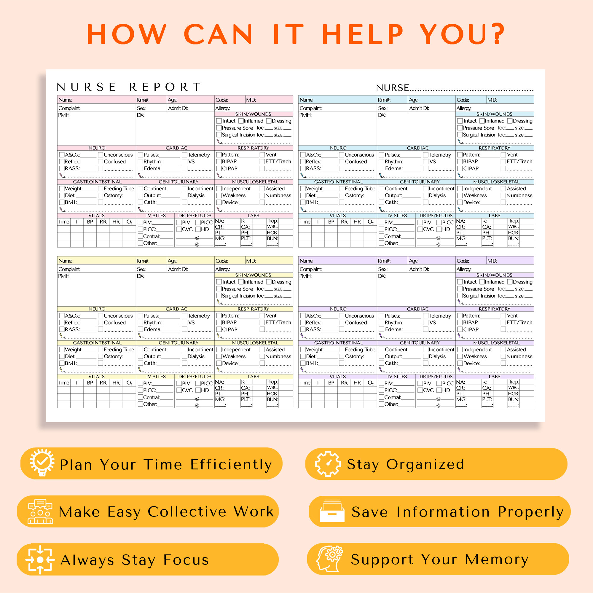 4 Patients Printable Nurse Report Paper, Nurse Brain Sheet, Nurse ...