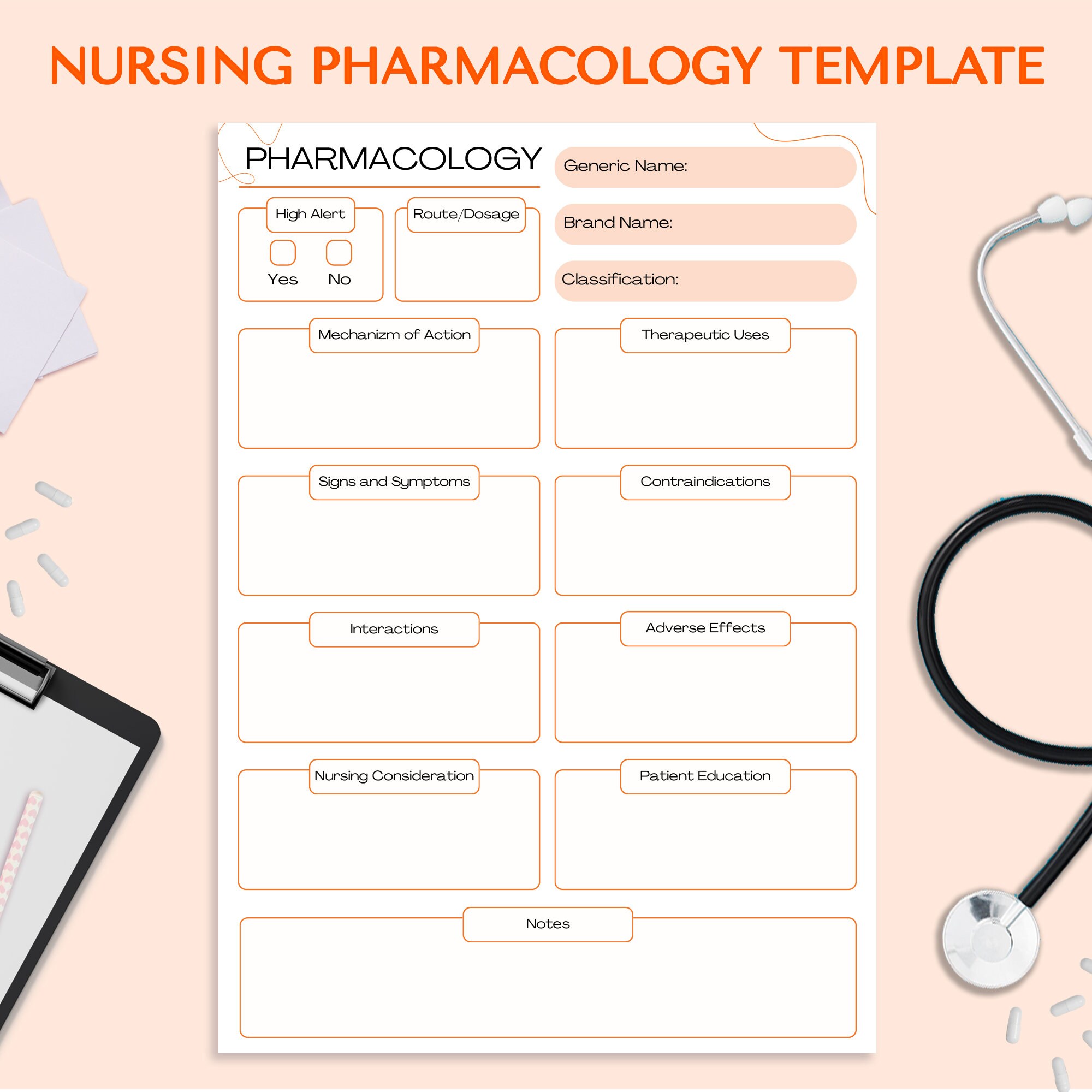 Pharmacology Template, Printable Nursing Student Notes, Med-surg ...