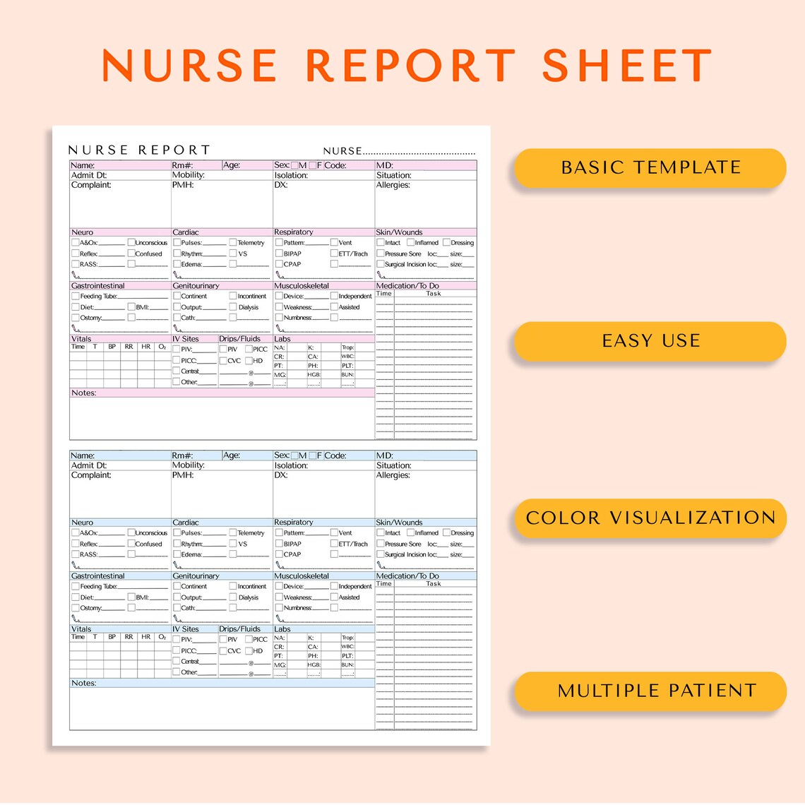 2 Patients Nurse Report Sheet, Nurse Assessment, Nurse Report, Medsurg ...