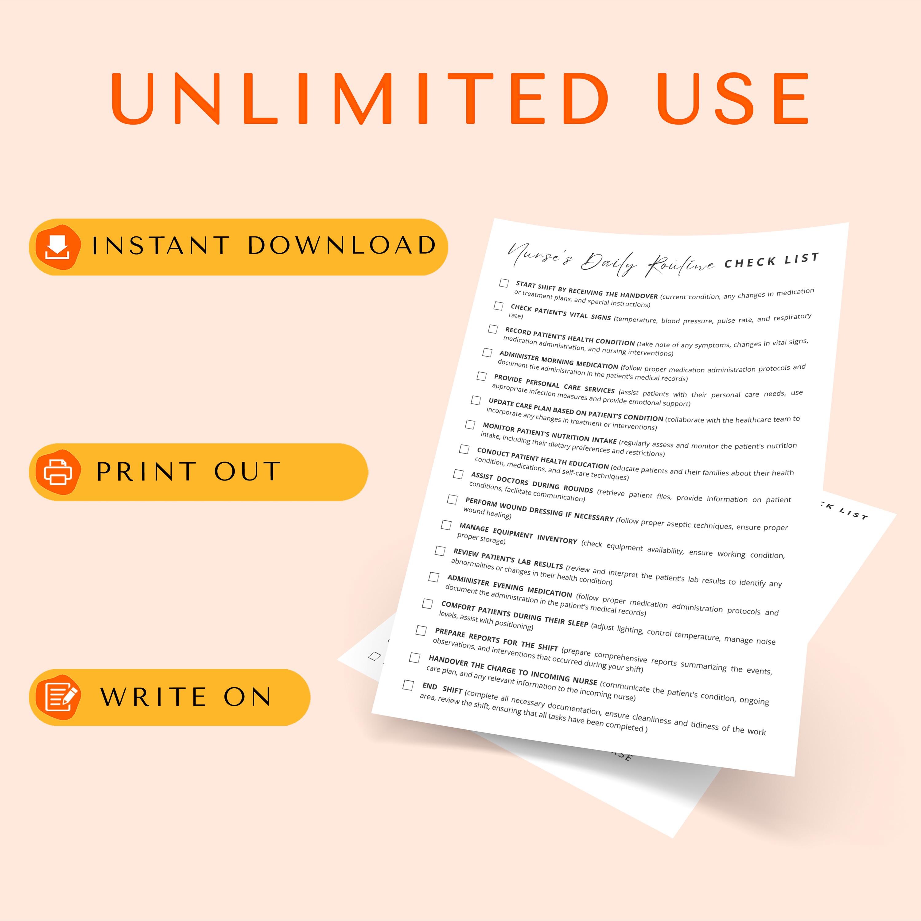 Printable Daily Nurse Routine List, Nursing to Do List, Shift Routine ...