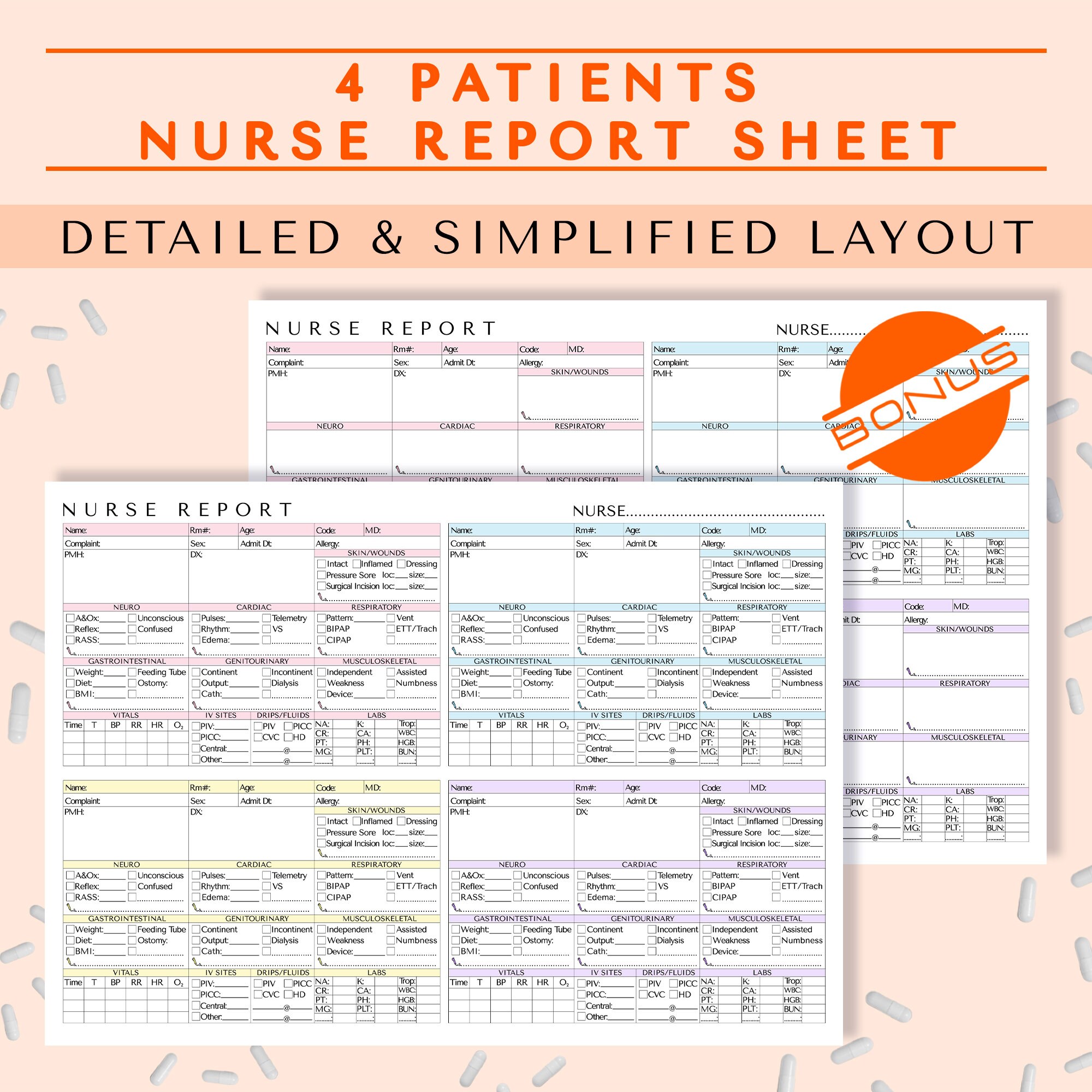 4 Patients Printable Nurse Report Paper, Nurse Brain Sheet, Nurse ...