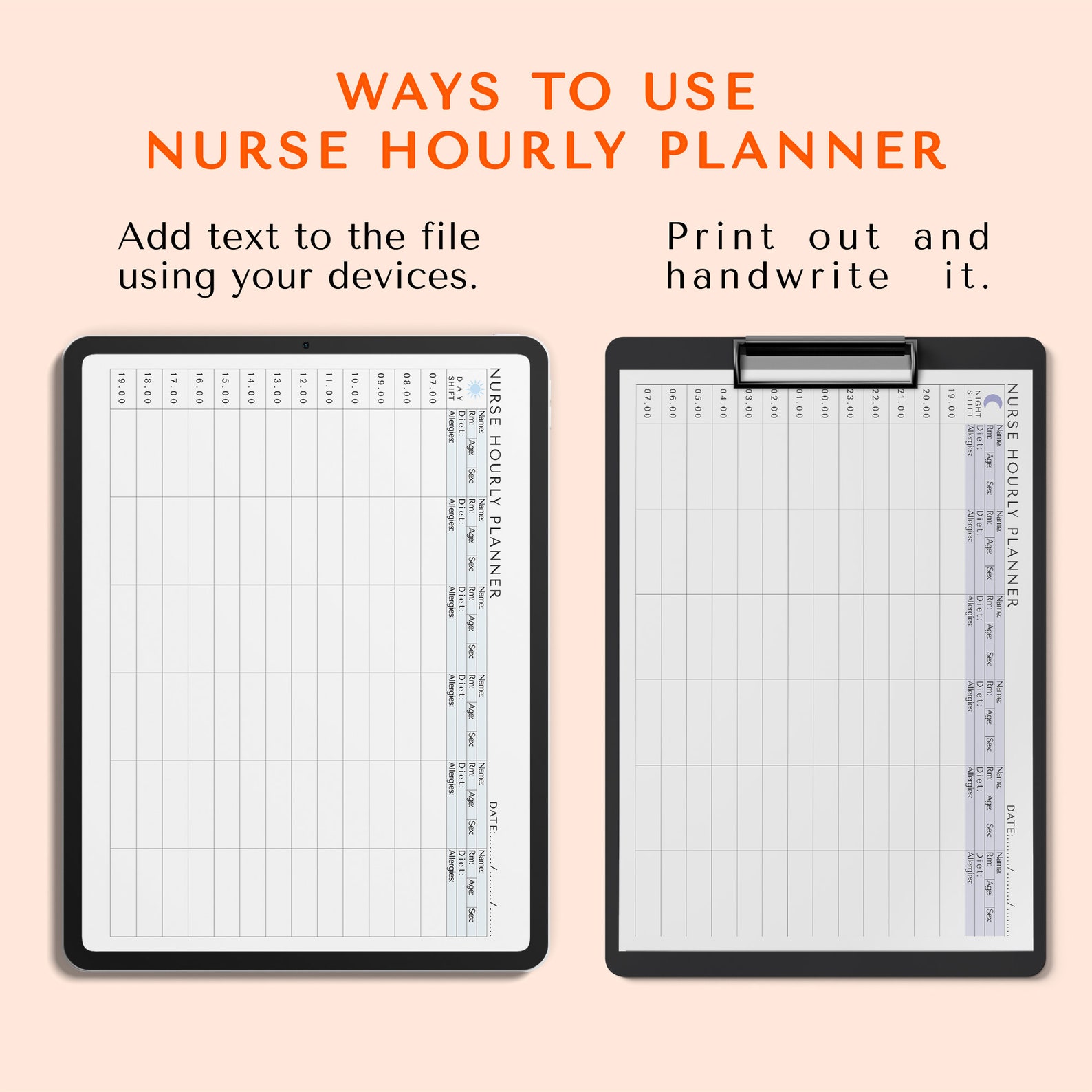 6 Patients Nurse Hourly Planner, Nurse Shift Organize, Nursing Handoff ...