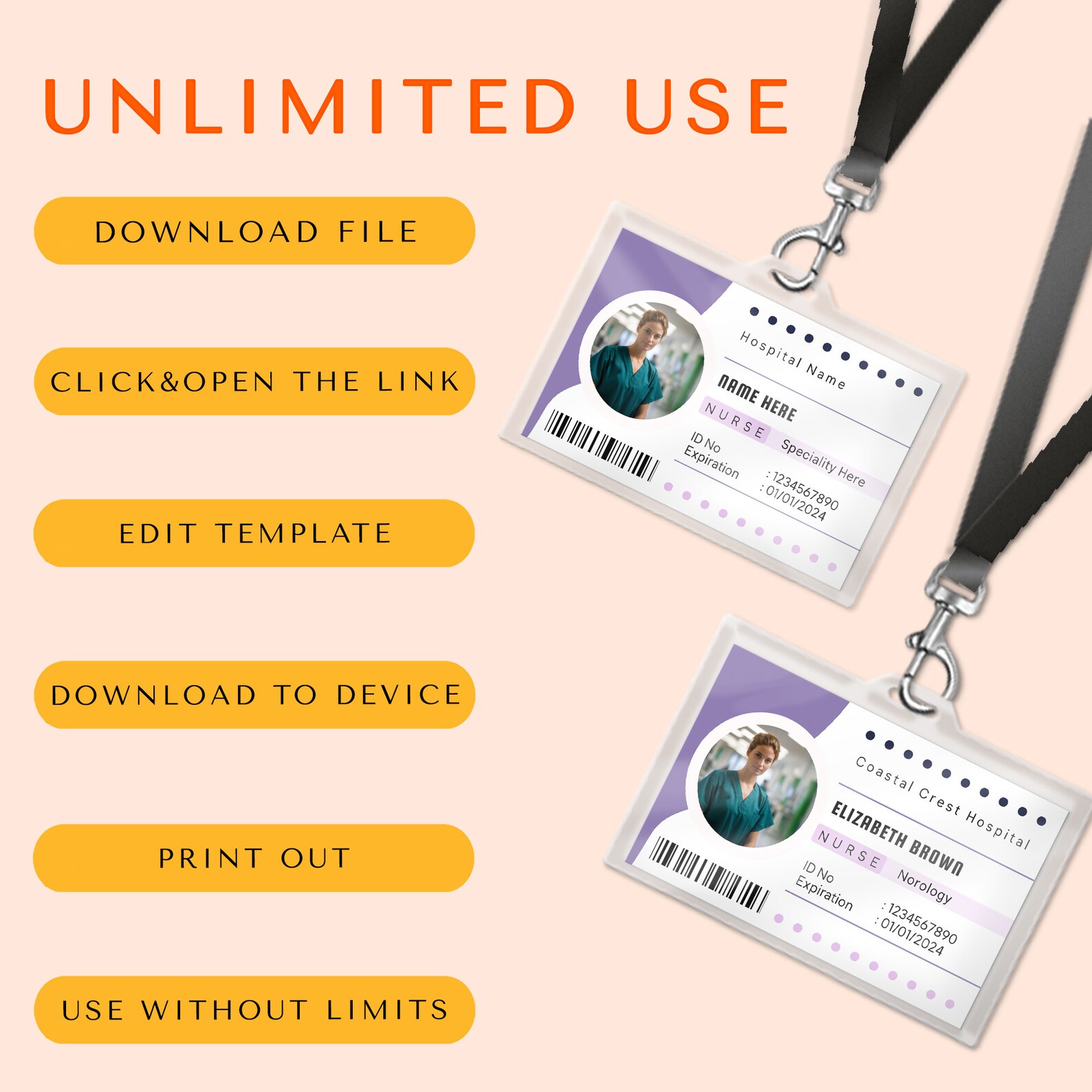 Editable Nurse ID Cart Template, Printable ID Badge, Customized Name ...