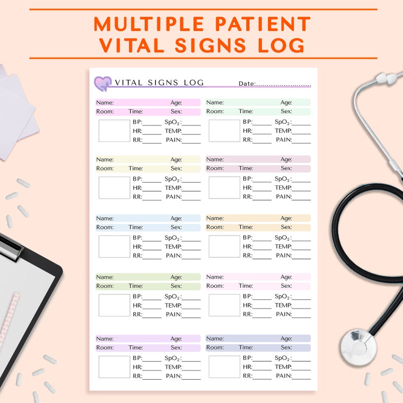 Multiple Patient Vital Signs Log, Vitals, Patient Vitals, Nursing ...