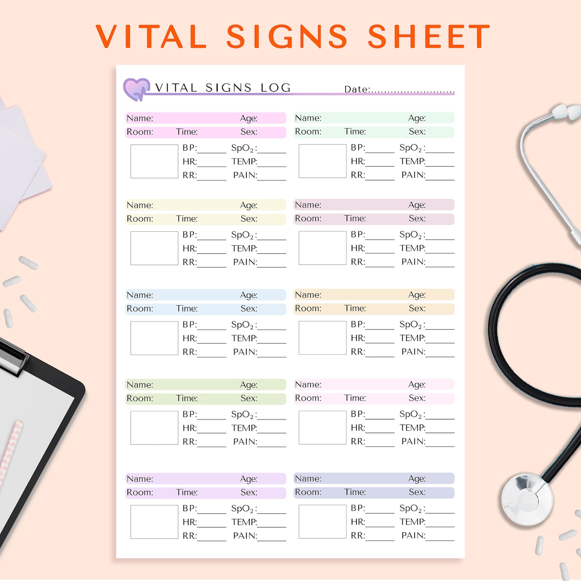 Multiple Patient Vital Signs Log, Vitals, Patient Vitals, Nursing ...