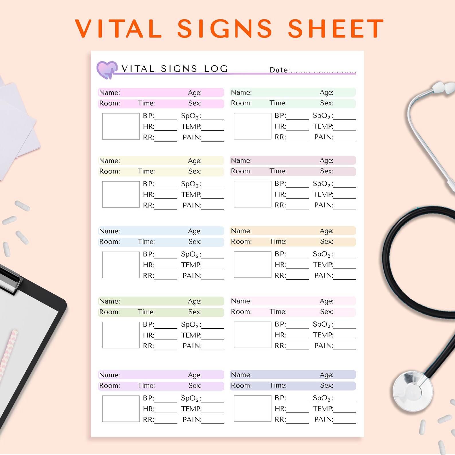 Multiple Patient Vital Signs Log, Vitals, Patient Vitals, Nursing ...