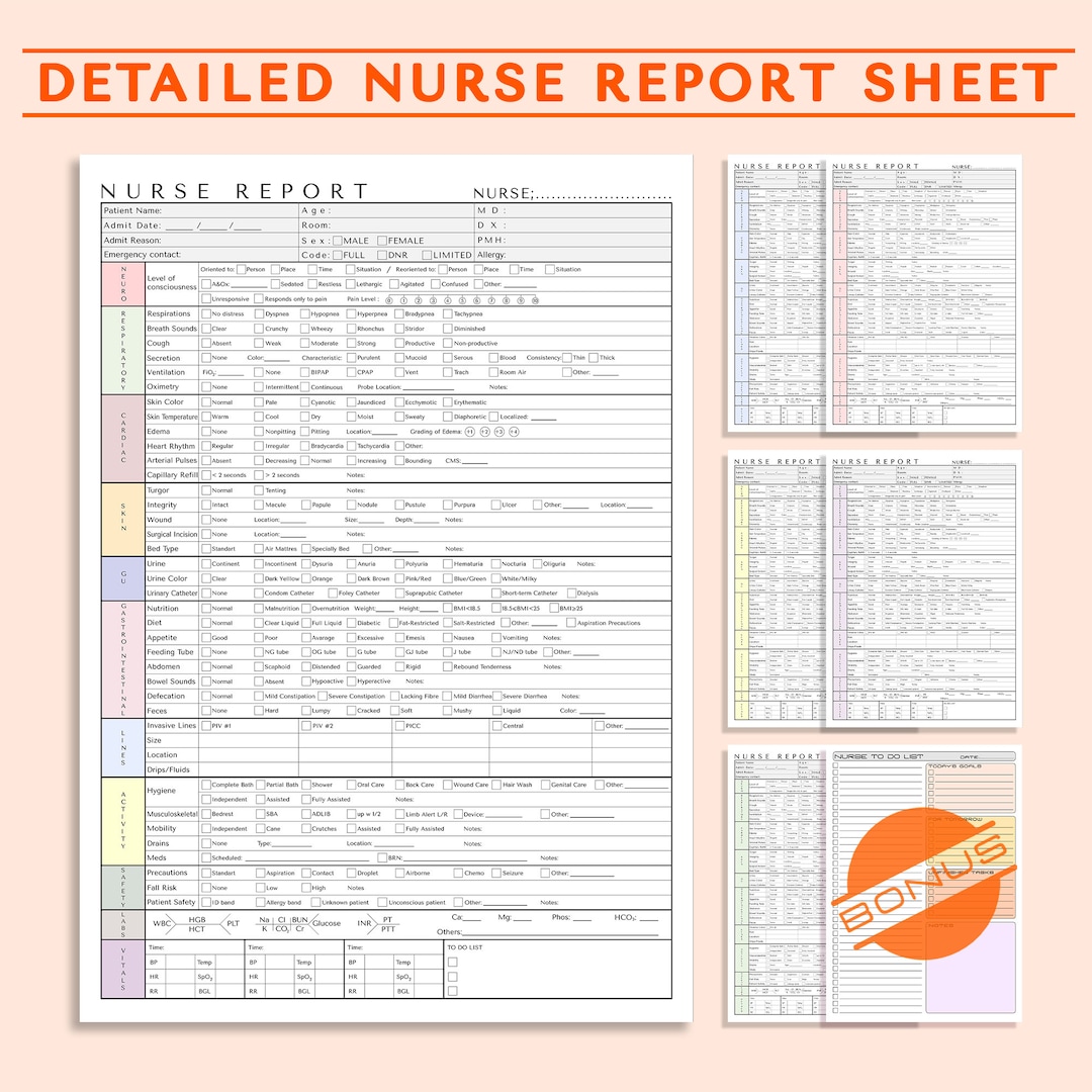 Detailed Nurse Report Sheet, Nurse Brain Sheet, Medsurg Nurse Report ...