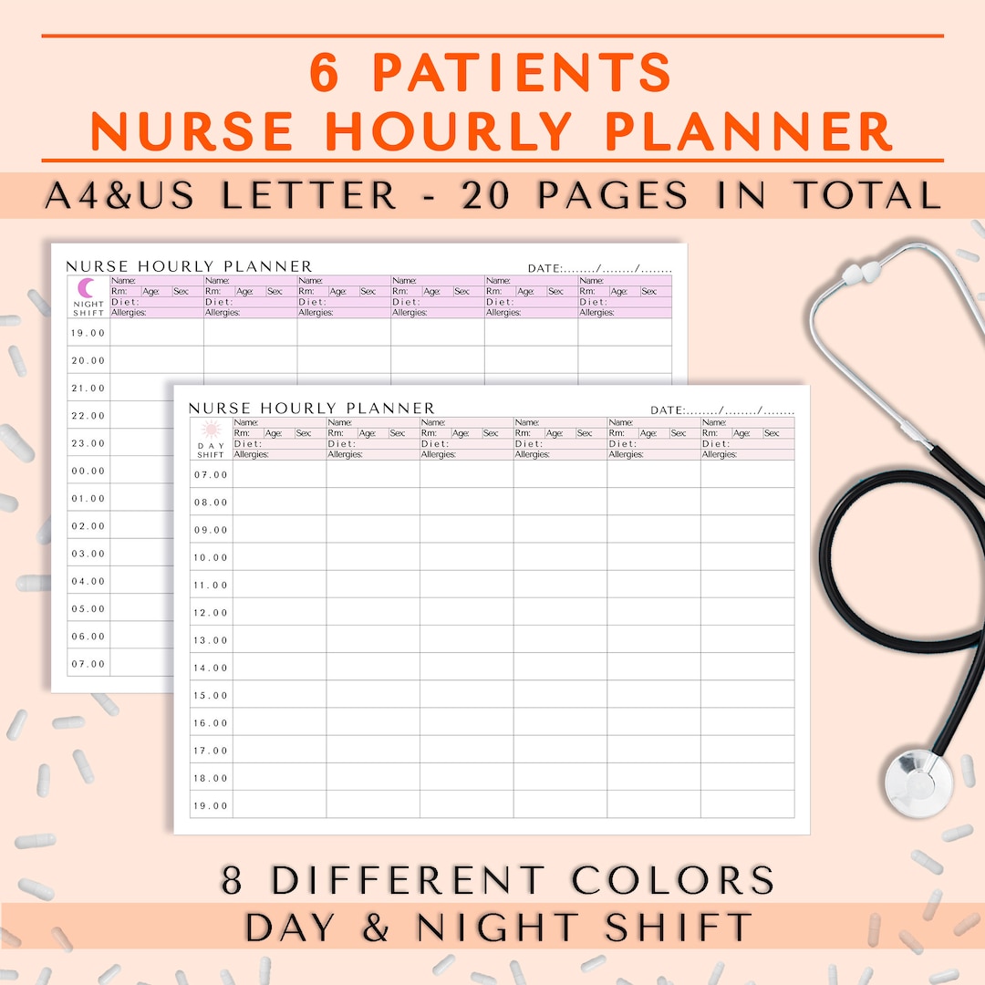 6 Patients Nurse Hourly Planner, Nurse Shift Organize, Nursing Handoff ...