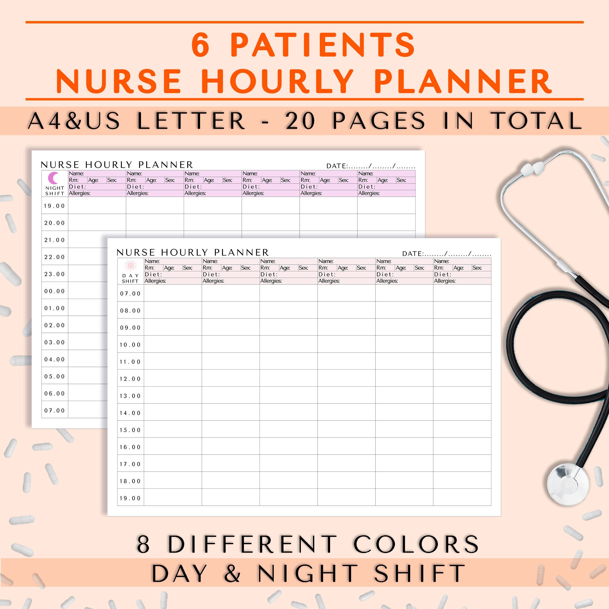 6 Patients Nurse Hourly Planner, Nurse Shift Organize, Nursing Handoff ...