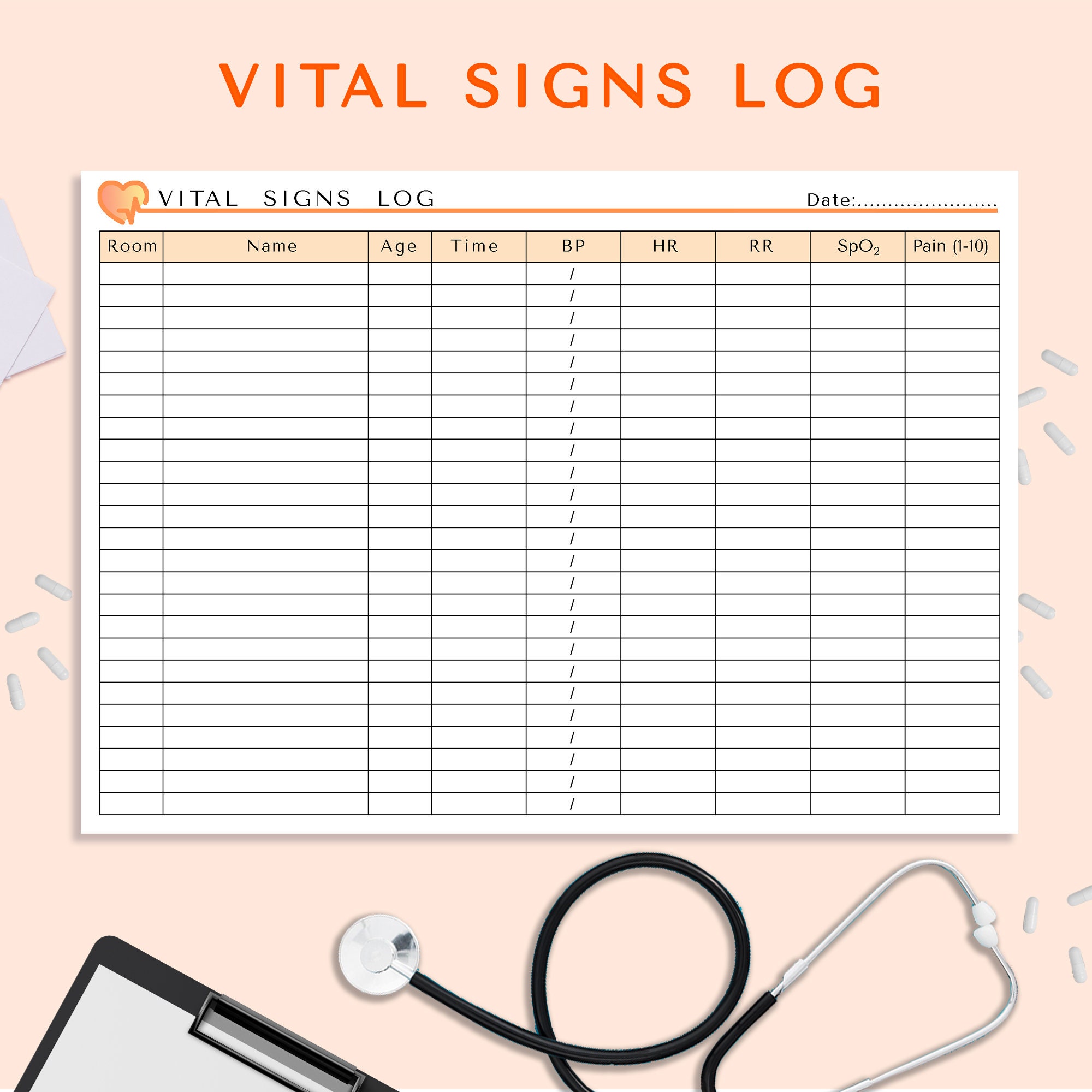 Vital Signs Log, Nursing Vitals Sheet, CNA Vitals Sheet, Patient Vitals Tracker, Vital Signs ...
