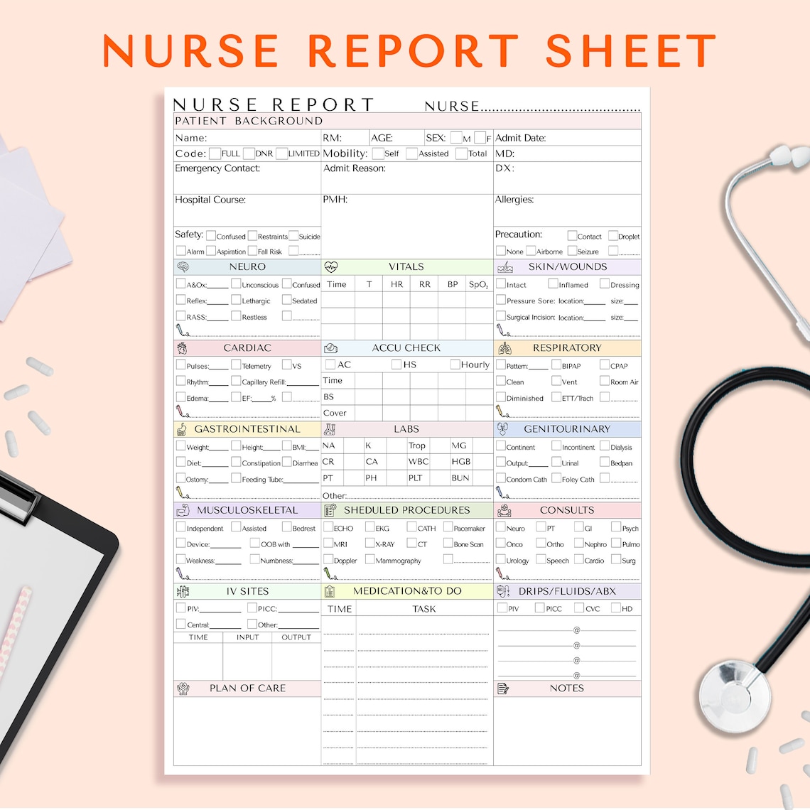 Single Patient Nurse Report Sheet, Printable Nurse Report Paper, Nurse ...