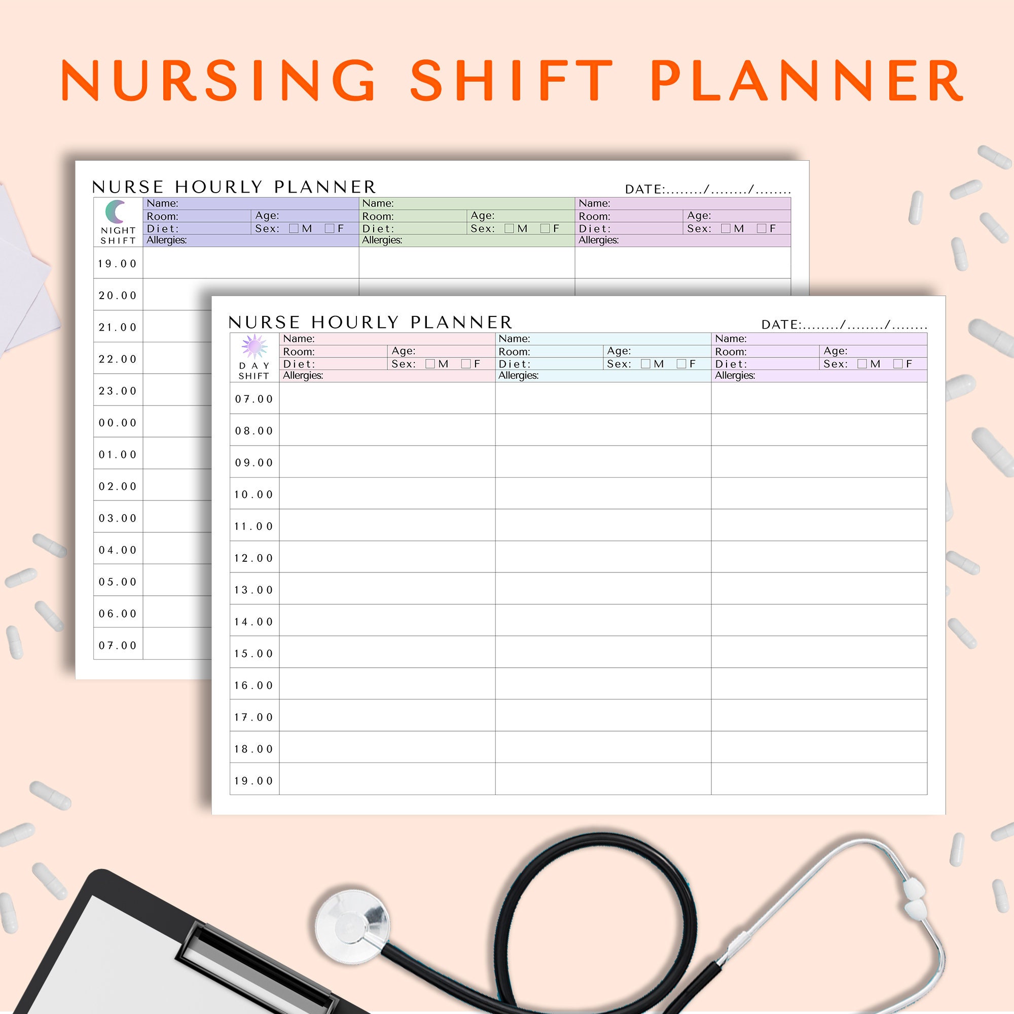 3-4-5-6 Patient Hourly Nurse Shift Planner Bundle, Multiple Patient Log ...