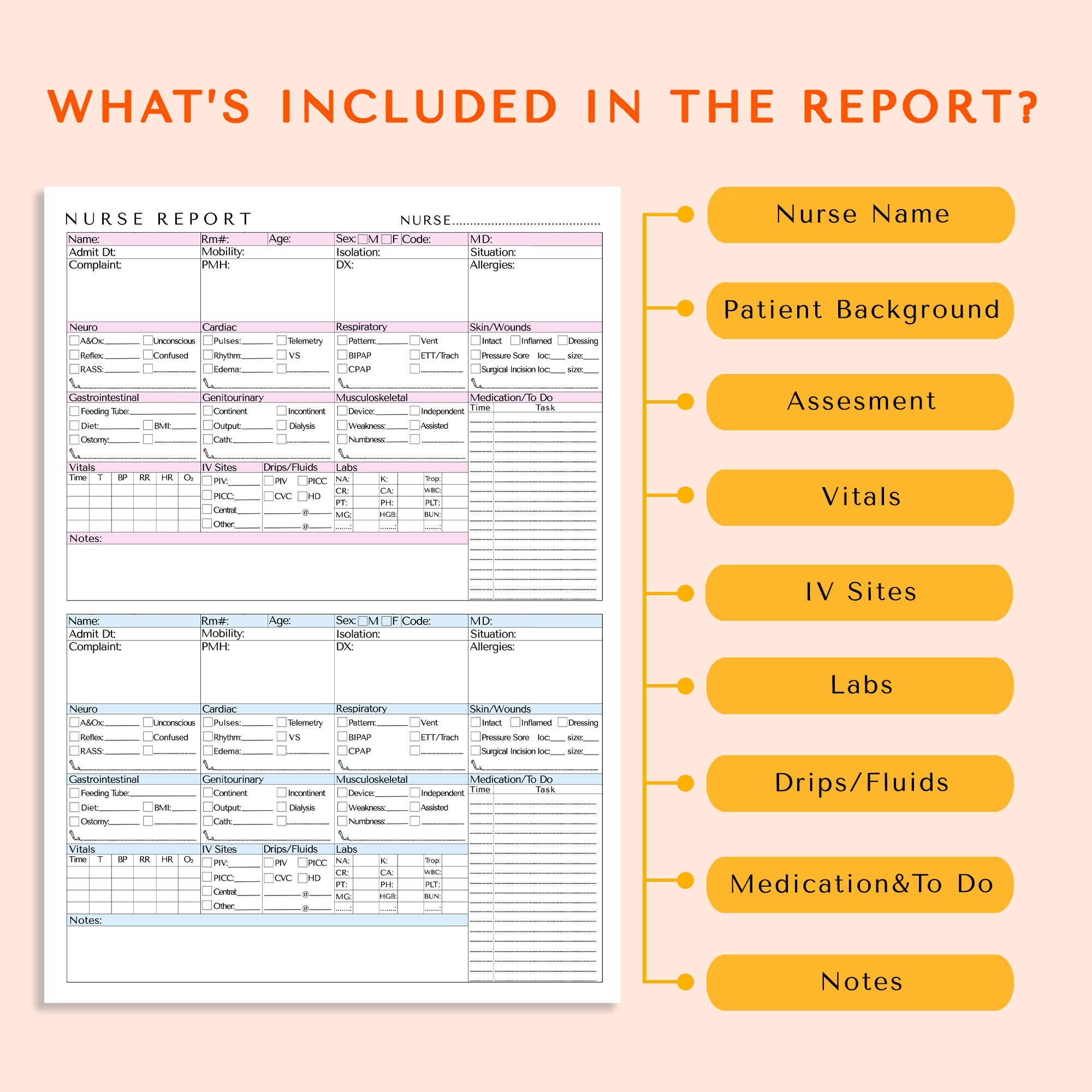 2 Patients Nurse Report Sheet, Nurse Assessment, Nurse Report, Medsurg ...