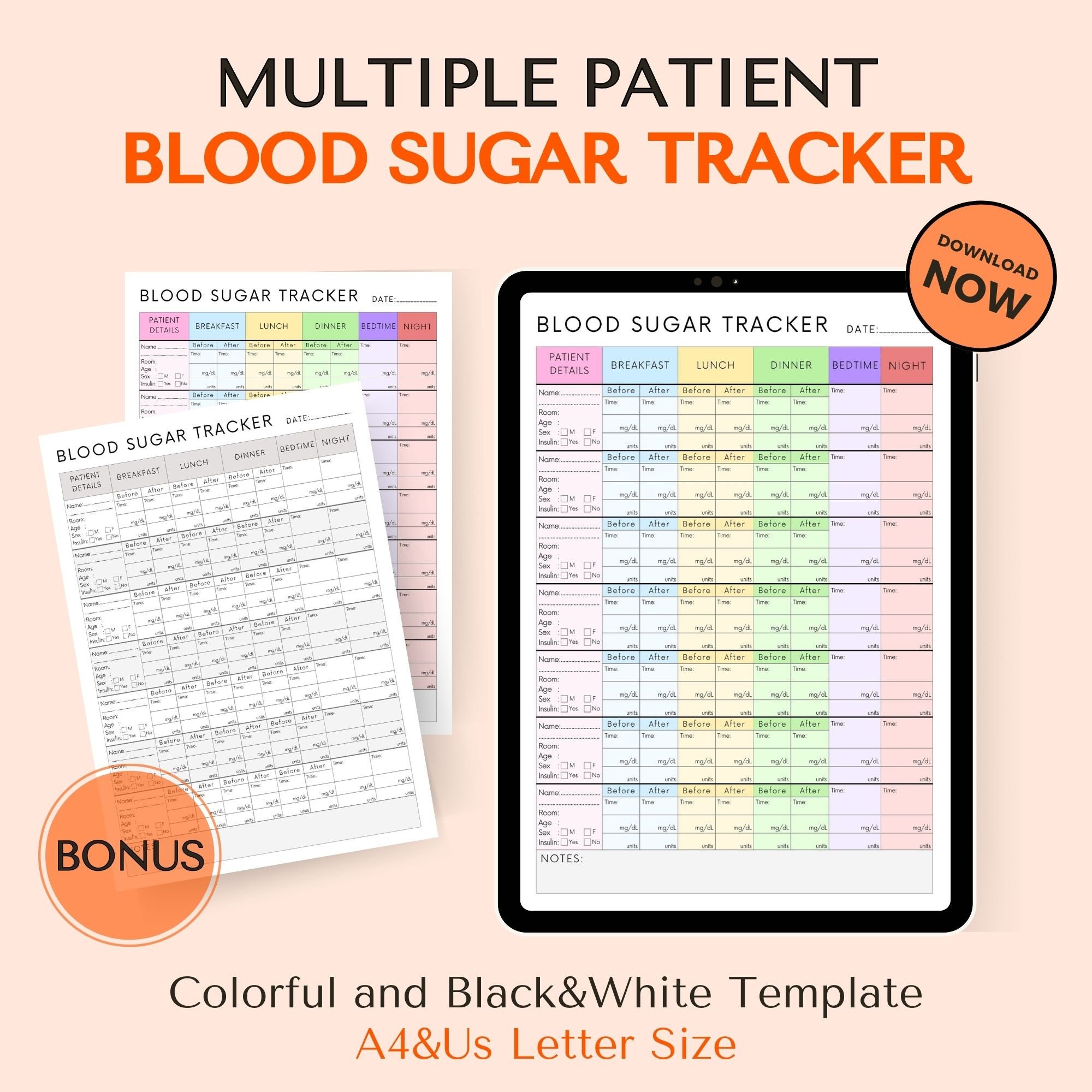Multiple Patient Blood Sugar Tracker, Glucose Journal, Vitals Sheet ...